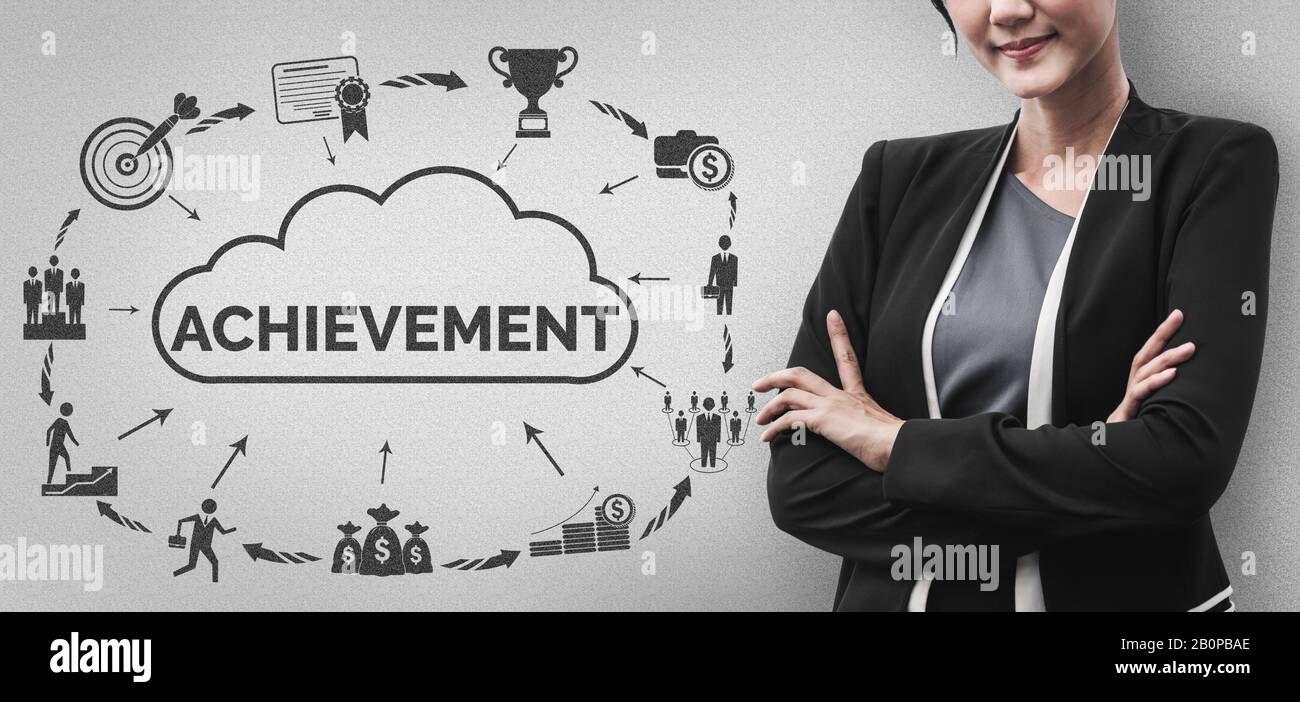 Achievement and Business Goal Success Concept - Creative business people with icon graphic ...