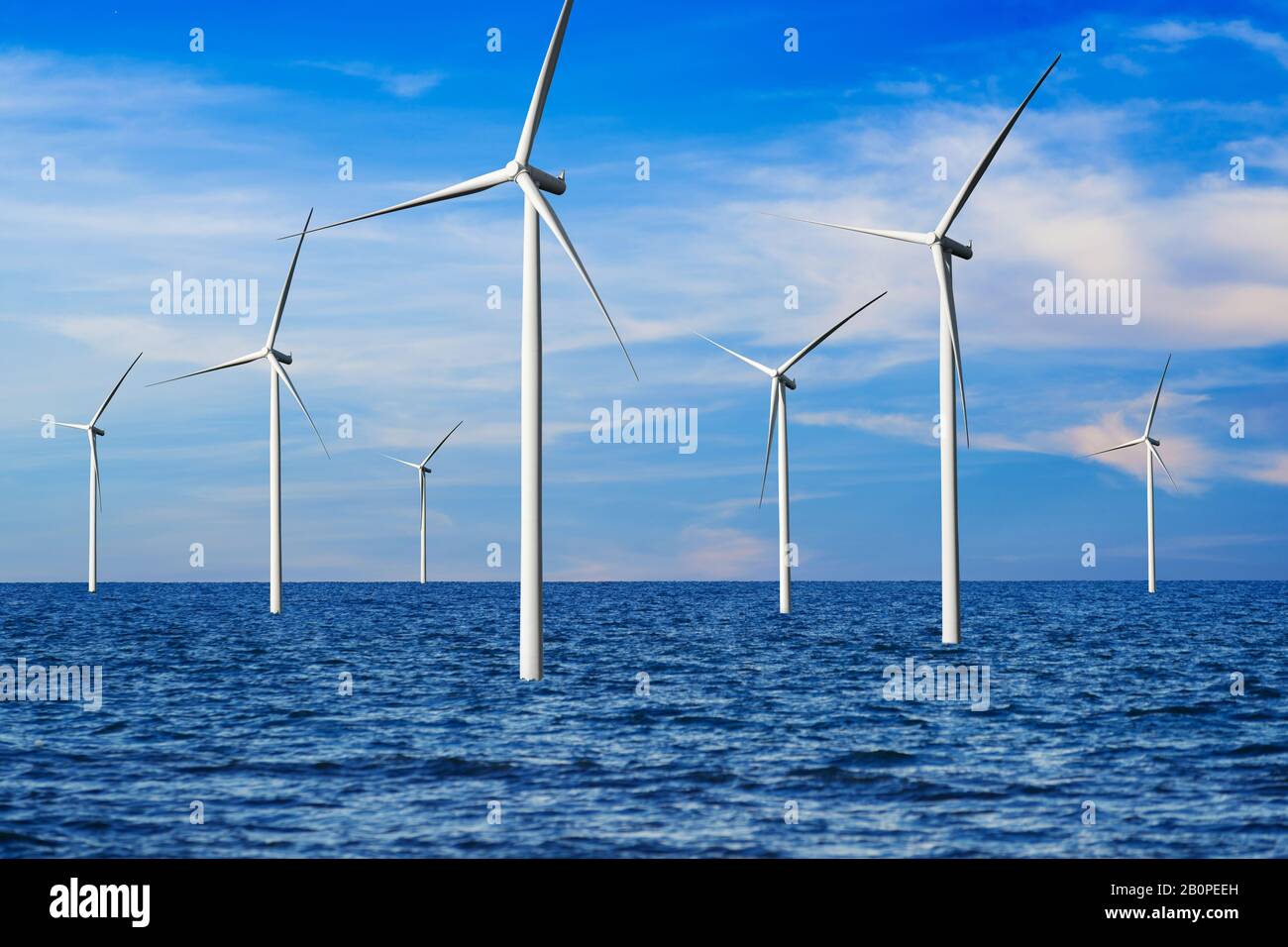 Wind turbine farm power generator in beautiful nature landscape for ...