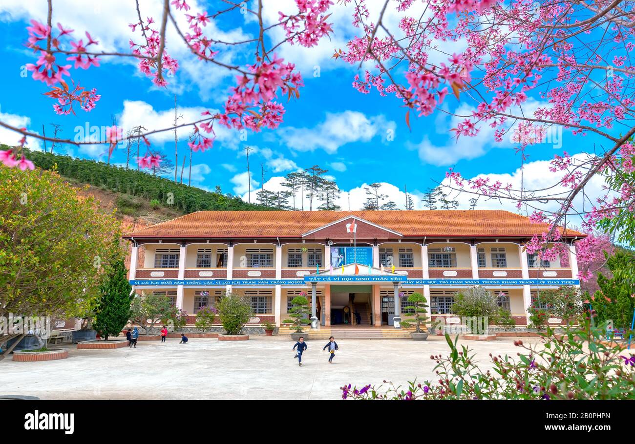 Elementary students in uniforms play in a school yard next to a cherry ...
