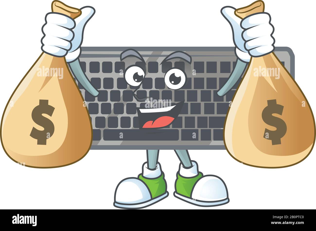 A cute image of black keyboard cartoon character holding money bags ...