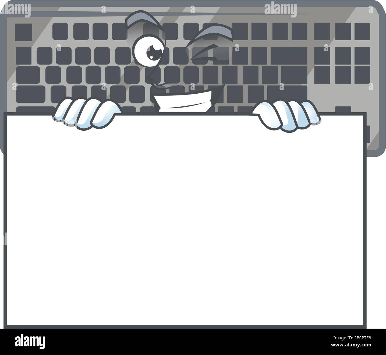 Black keyboard cartoon character with funny face hides behind a board ...