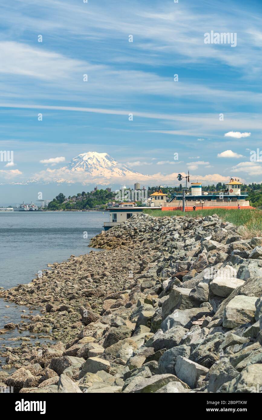 Mt Rainier Hovers Over Downtown Tacoma and Commencement Bay as Seen ...