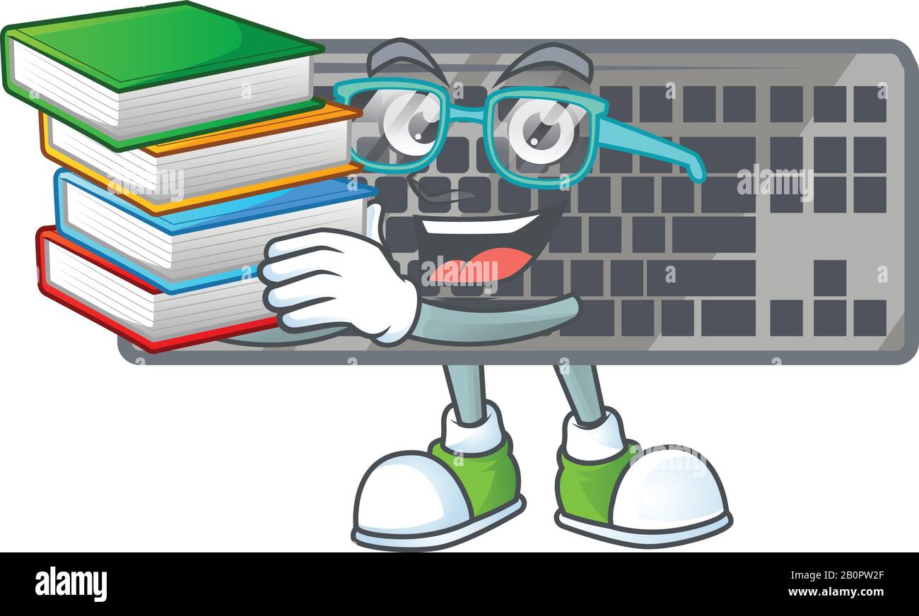 A brainy clever cartoon character of black keyboard studying with some ...