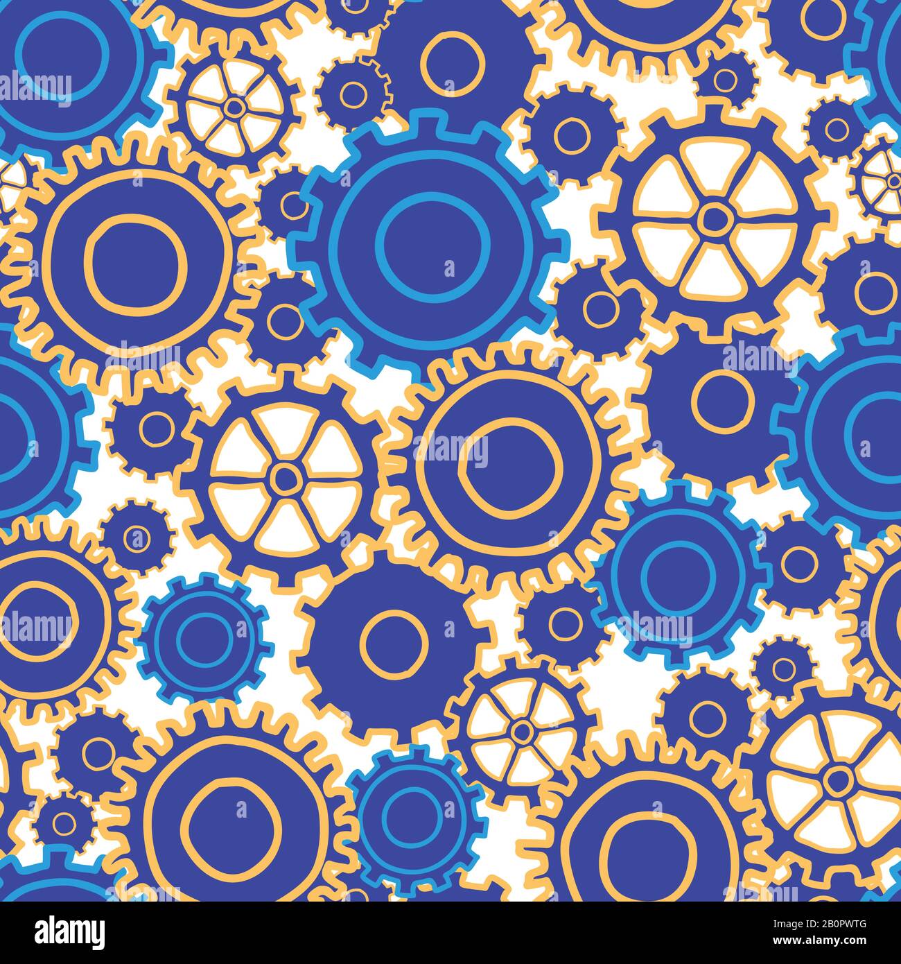 Gear Collage many sizes and styles of gears in bright blues and yellow, seamless repeat vector ...