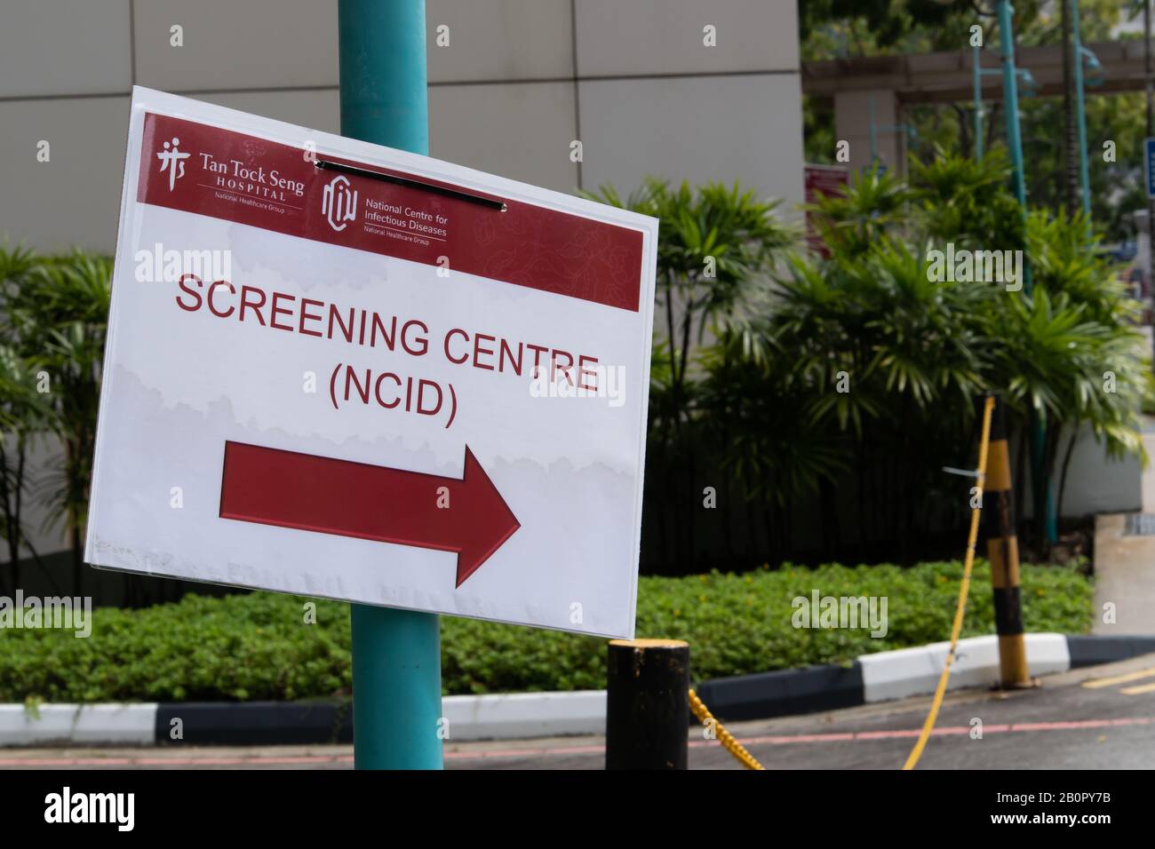 Singapore - February 14 2020: A laminated sign points to the screening ...