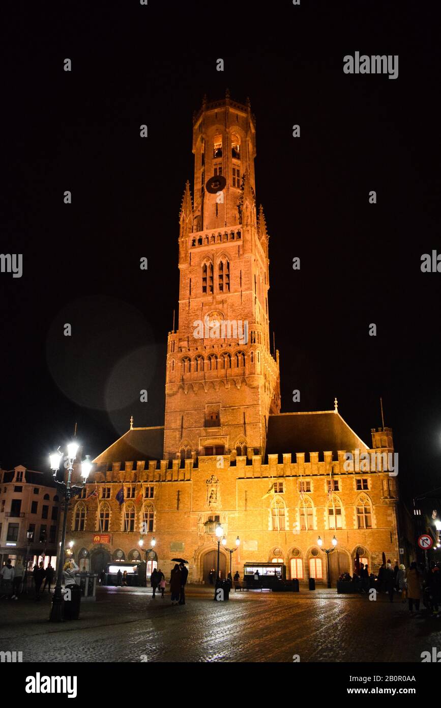 Belfry Tower in Bruges at night, Belgium Stock Photo - Alamy