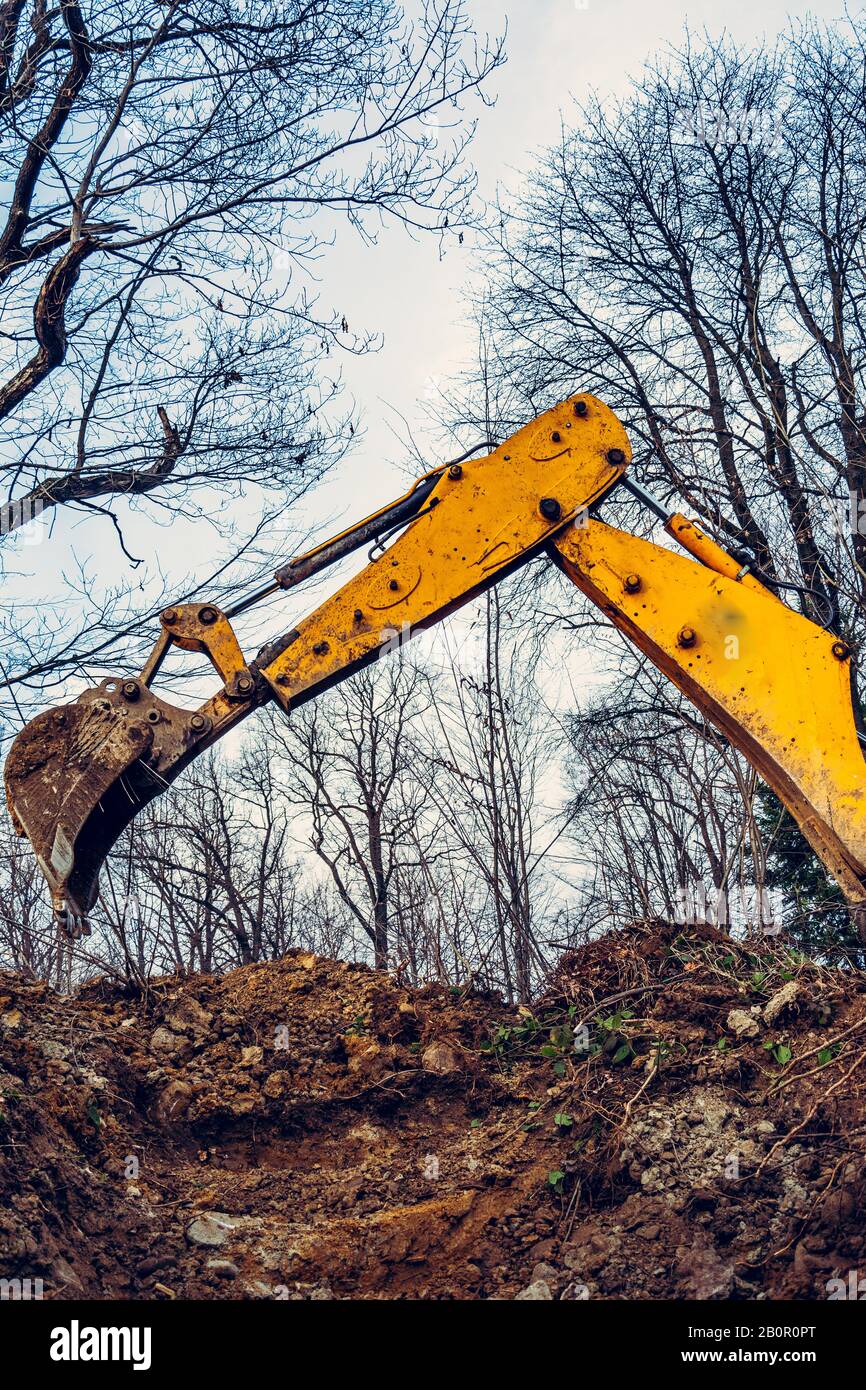 A yellow excavator in the forest digs a pit for a pond Stock Photo - Alamy