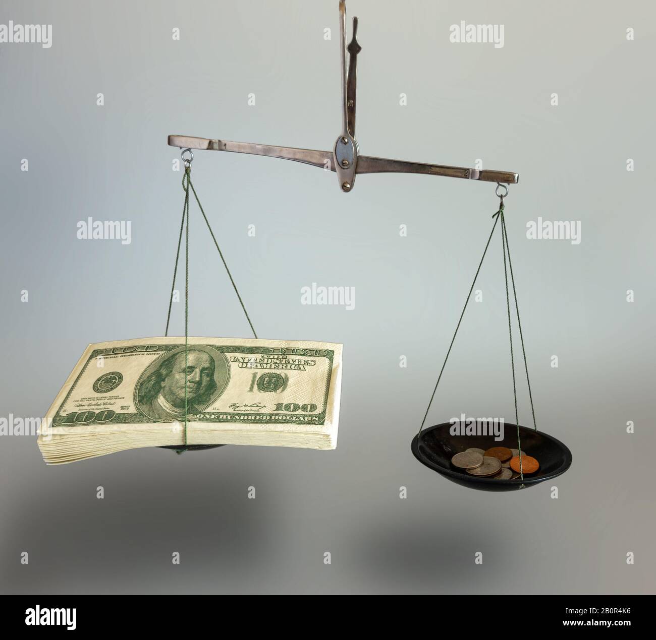 The concept of balance in business. Paper bills and metallic money are ...