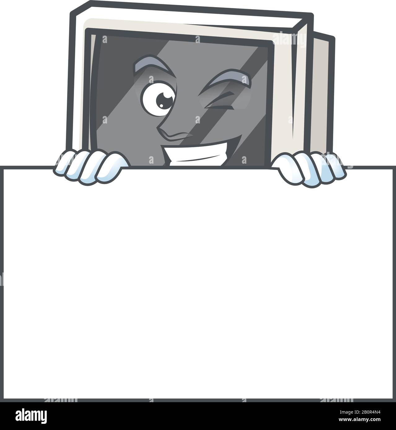 Vintage monitor cartoon character with funny face hides behind a board ...