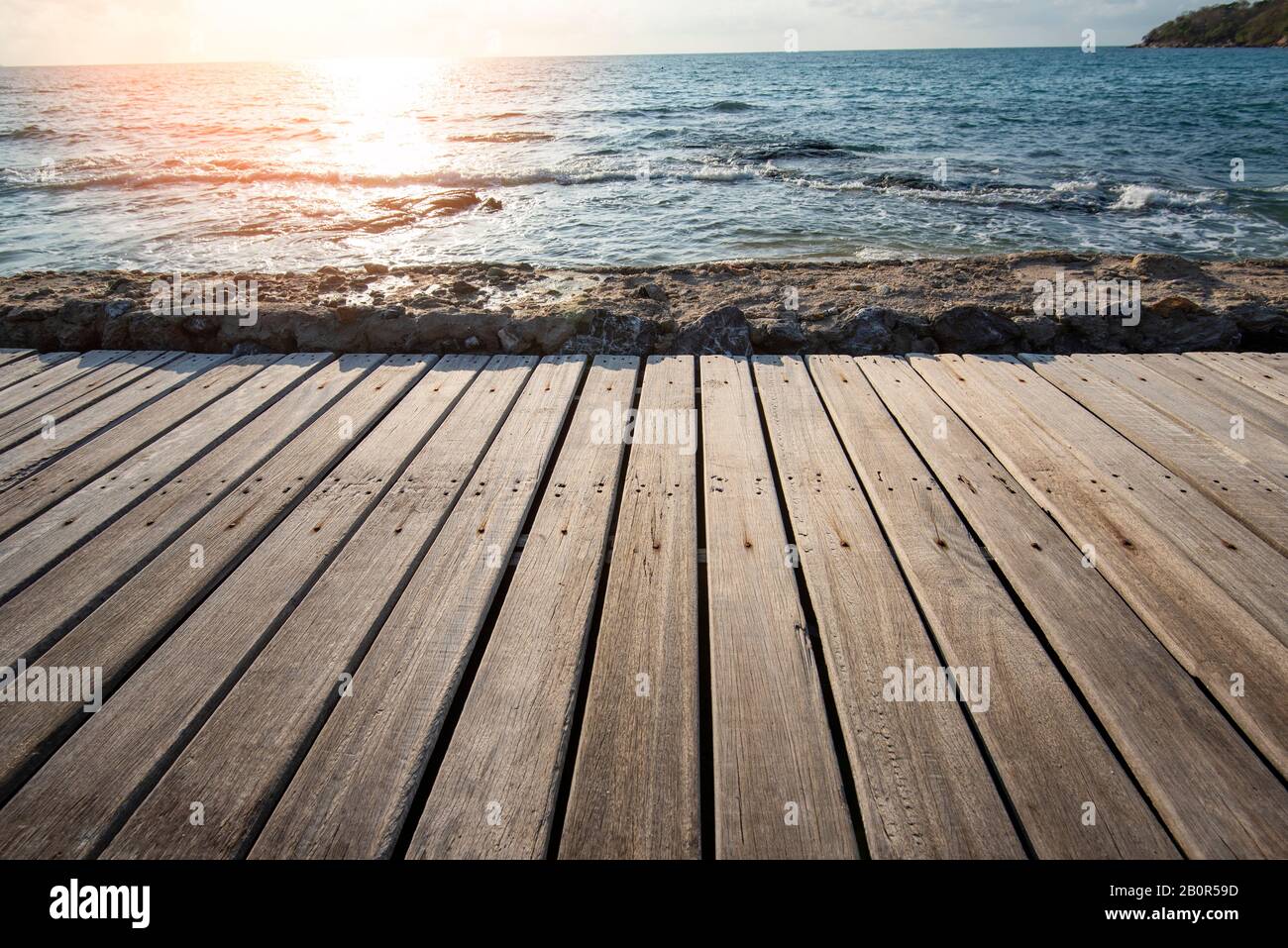 Terrace view sea with empty wooden table top on the beach landscape ...