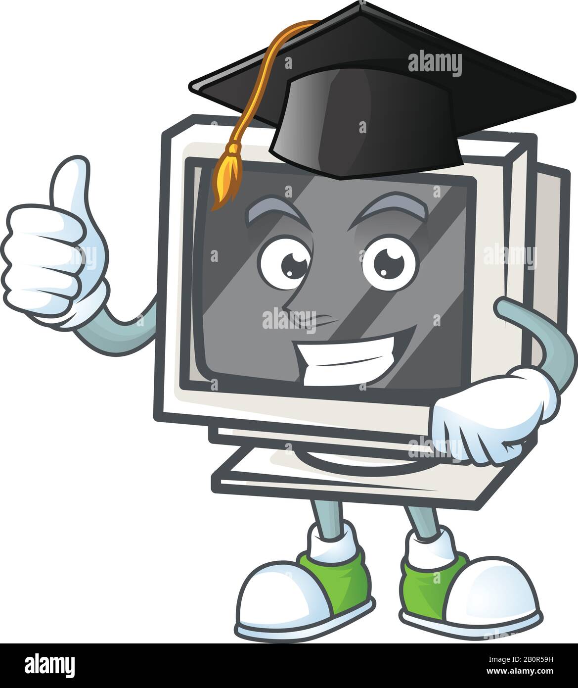 A happy character of vintage monitor in a black Graduation hat Stock ...