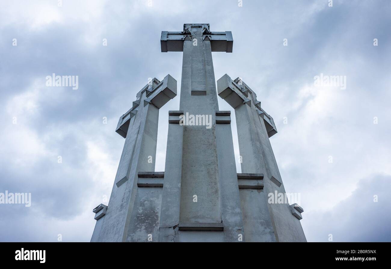 April 27, 2018 Vilnius, Lithuania. Three Crosses Monument in the form ...
