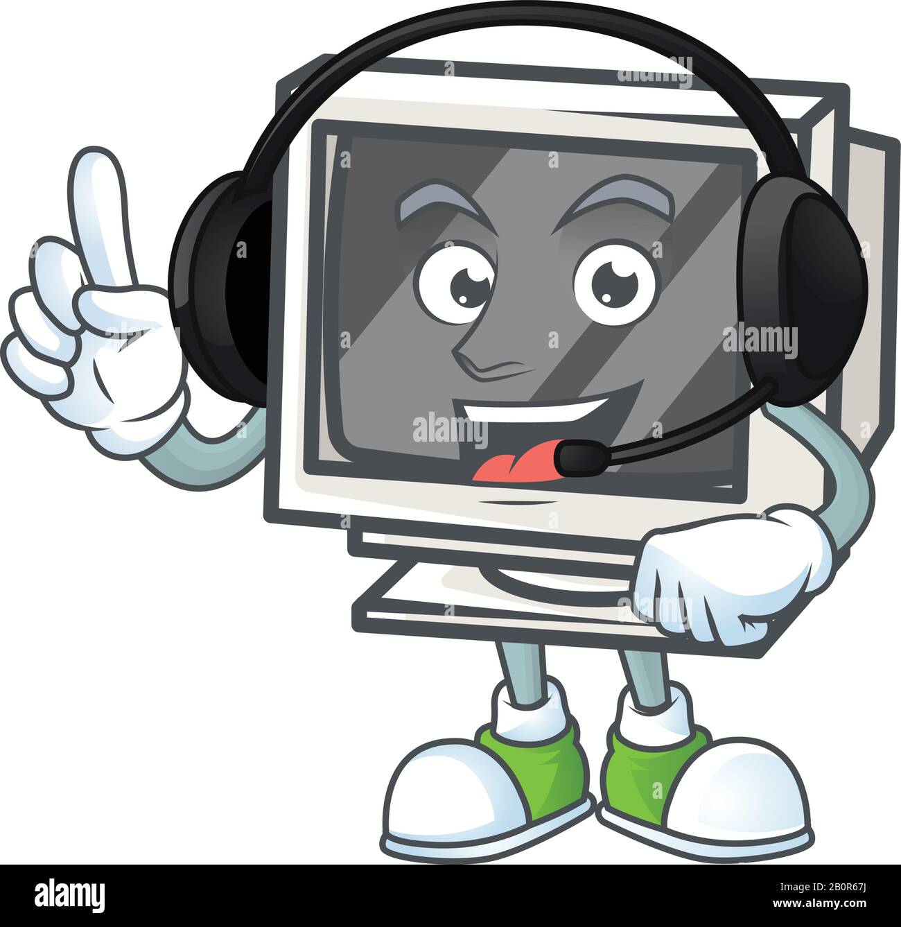 Sweet vintage monitor cartoon character design speaking on a headphone ...