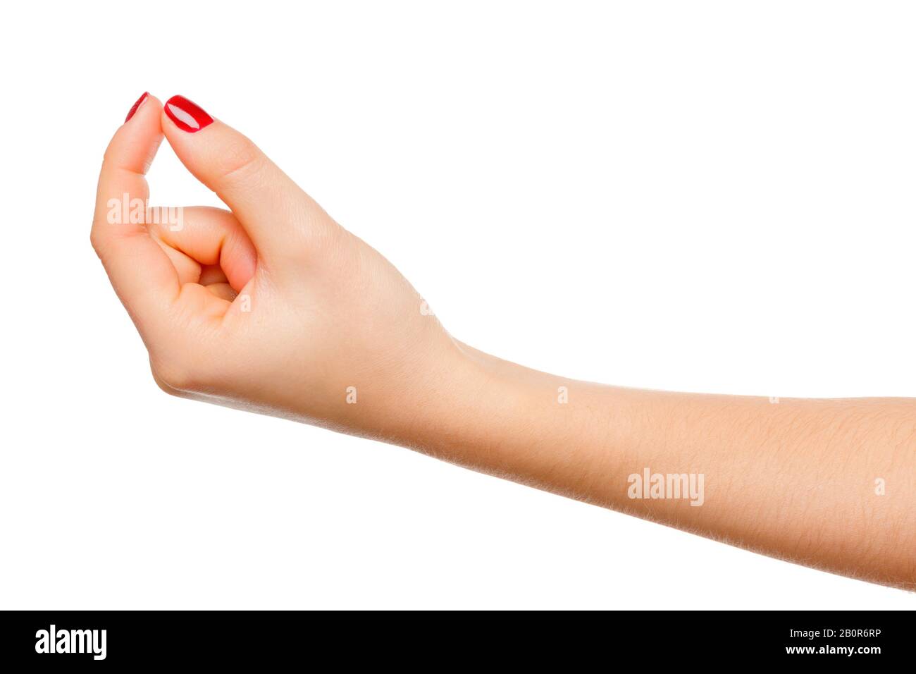 Beautiful woman hand sign holding isolated on white background Stock ...