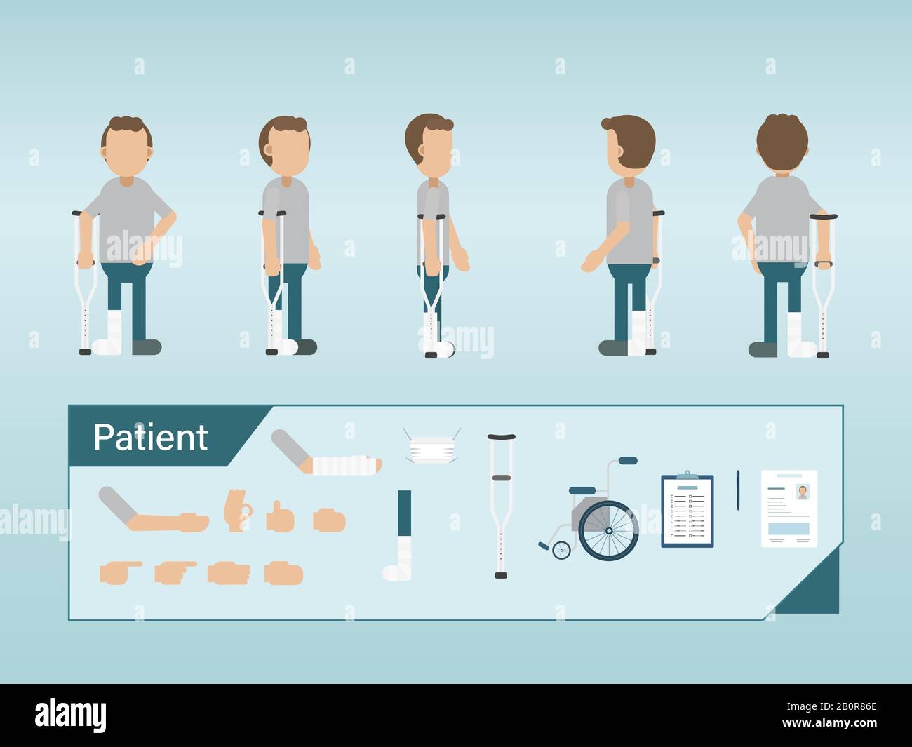 Set of patient characters with splint and crutch vector illustration ...