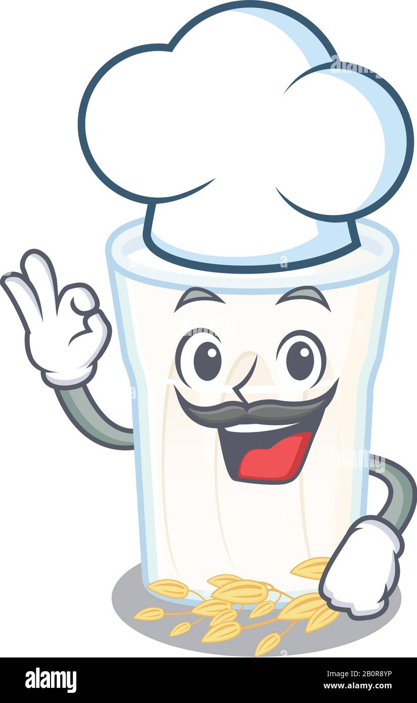 Oats milk cartoon character working as a chef and wearing white hat ...