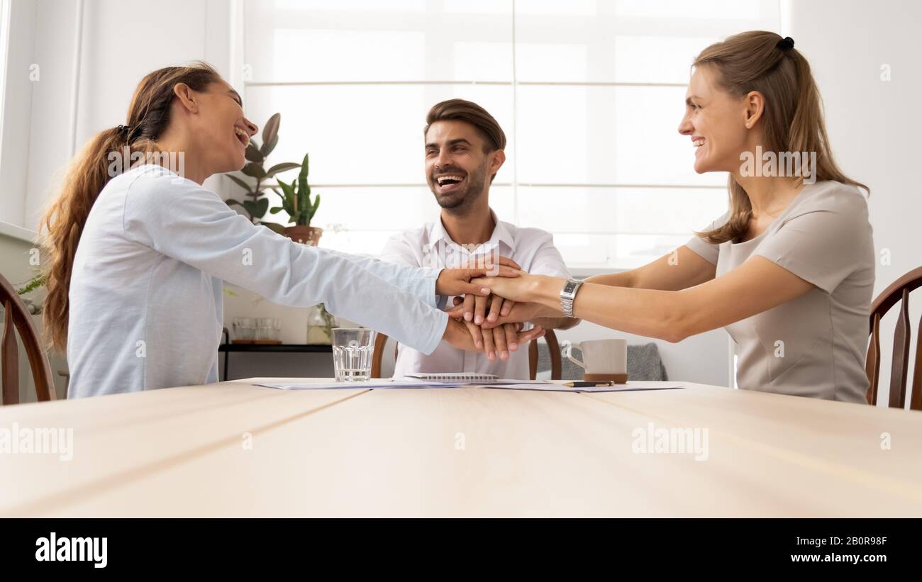 Excited colleagues joining hands, celebrating business success ...