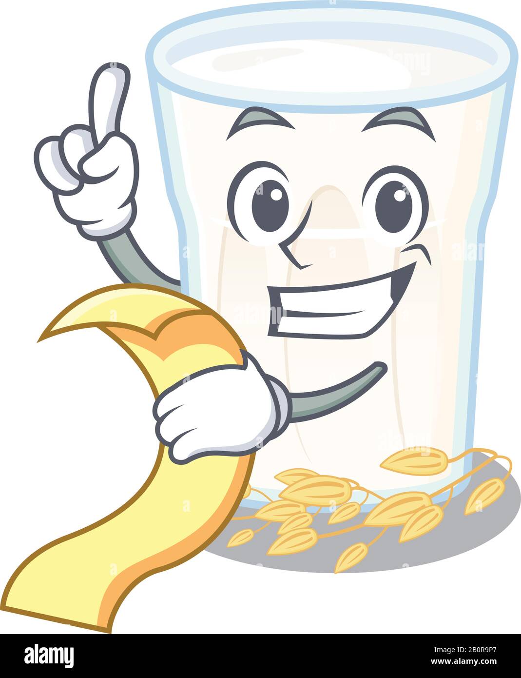 A funny cartoon character of oats milk holding a menu Stock Vector ...