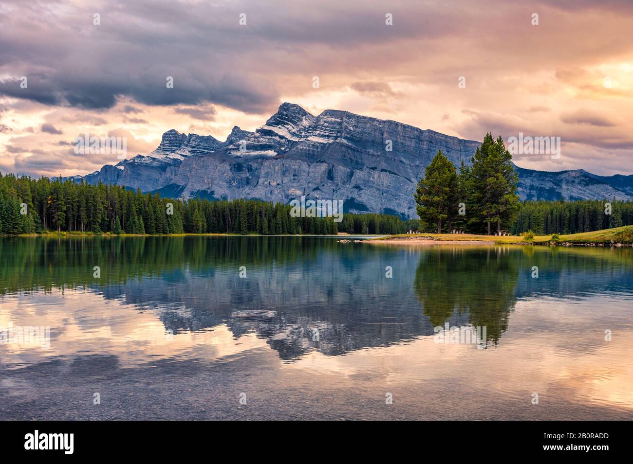 Mount Rundle reflection on Two Jack Lake in evening at Banff national ...