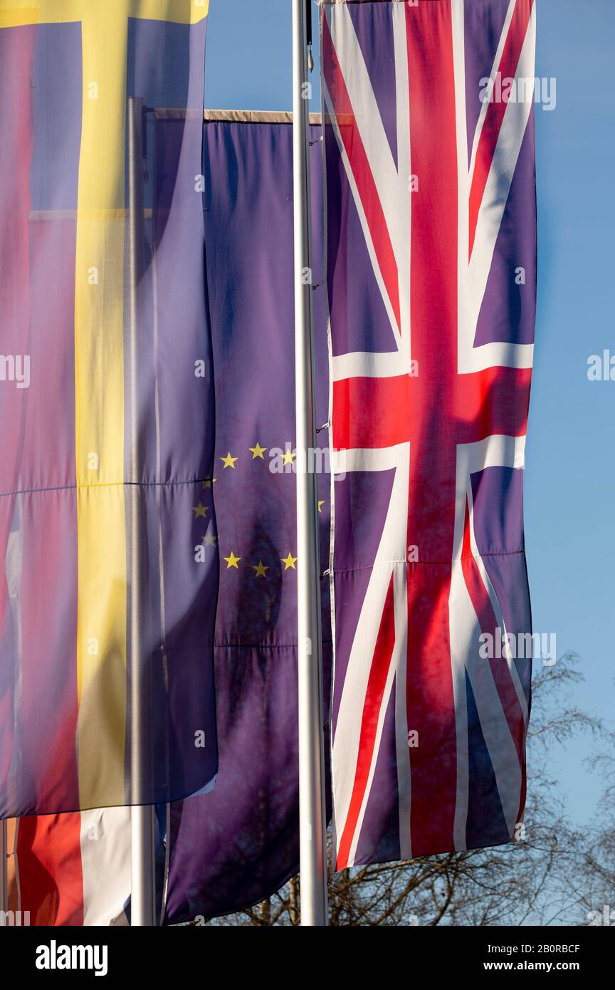Rust, Deutschland. 20th Feb, 2020. Flags of Sweden, United Kingdom and ...