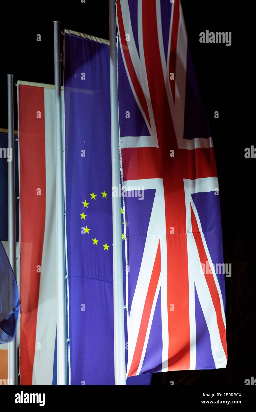 Rust, Deutschland. 20th Feb, 2020. Flags of Europe and United Kingdom ...