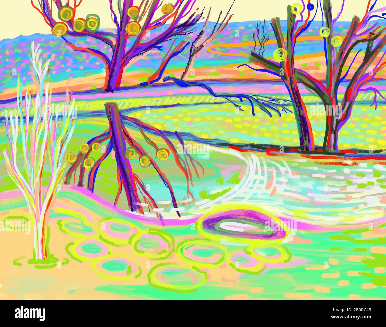original digital artwork of bright landscape with trees on a river ...