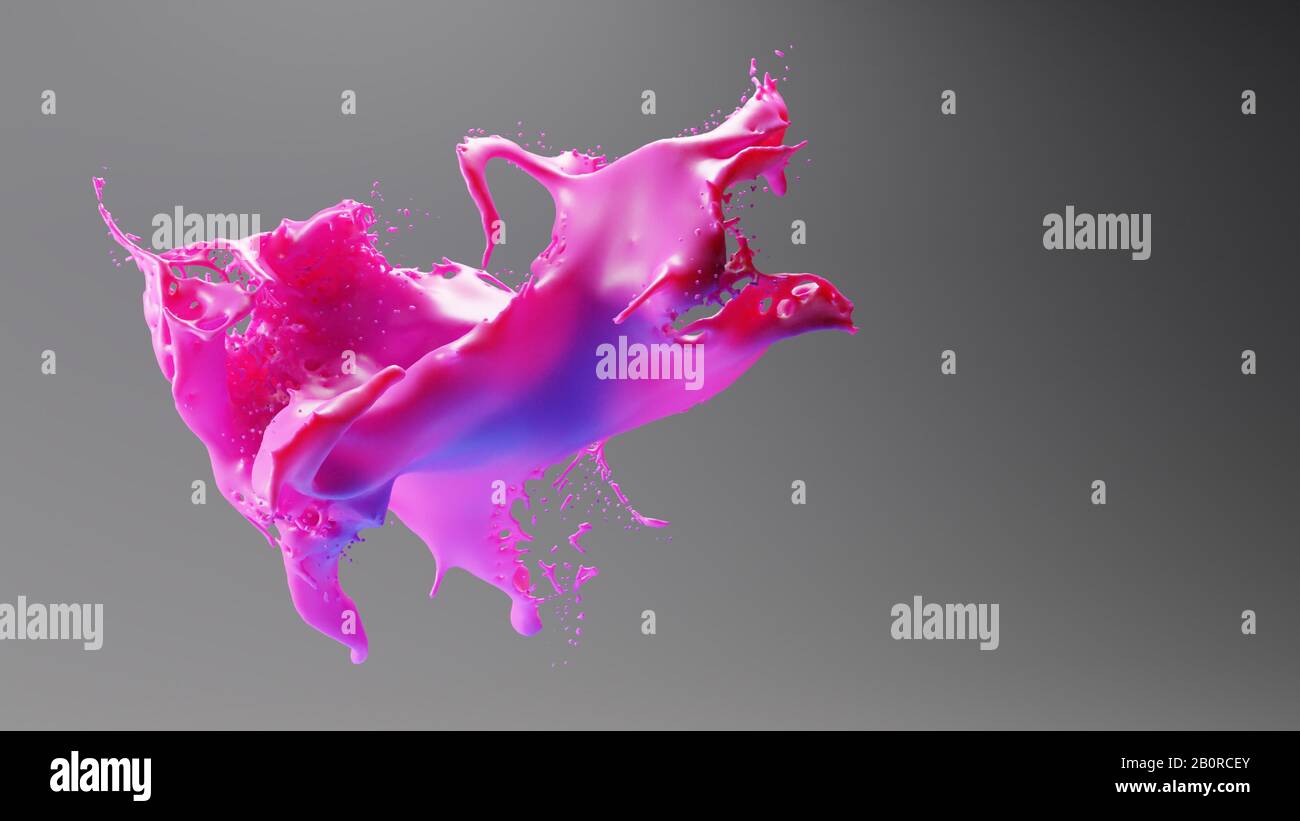 3d pink fluid liquid paint splash frozen in time against gray ...