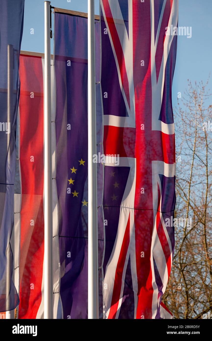 Rust, Deutschland. 20th Feb, 2020. Flags of Europe and United Kingdom ...