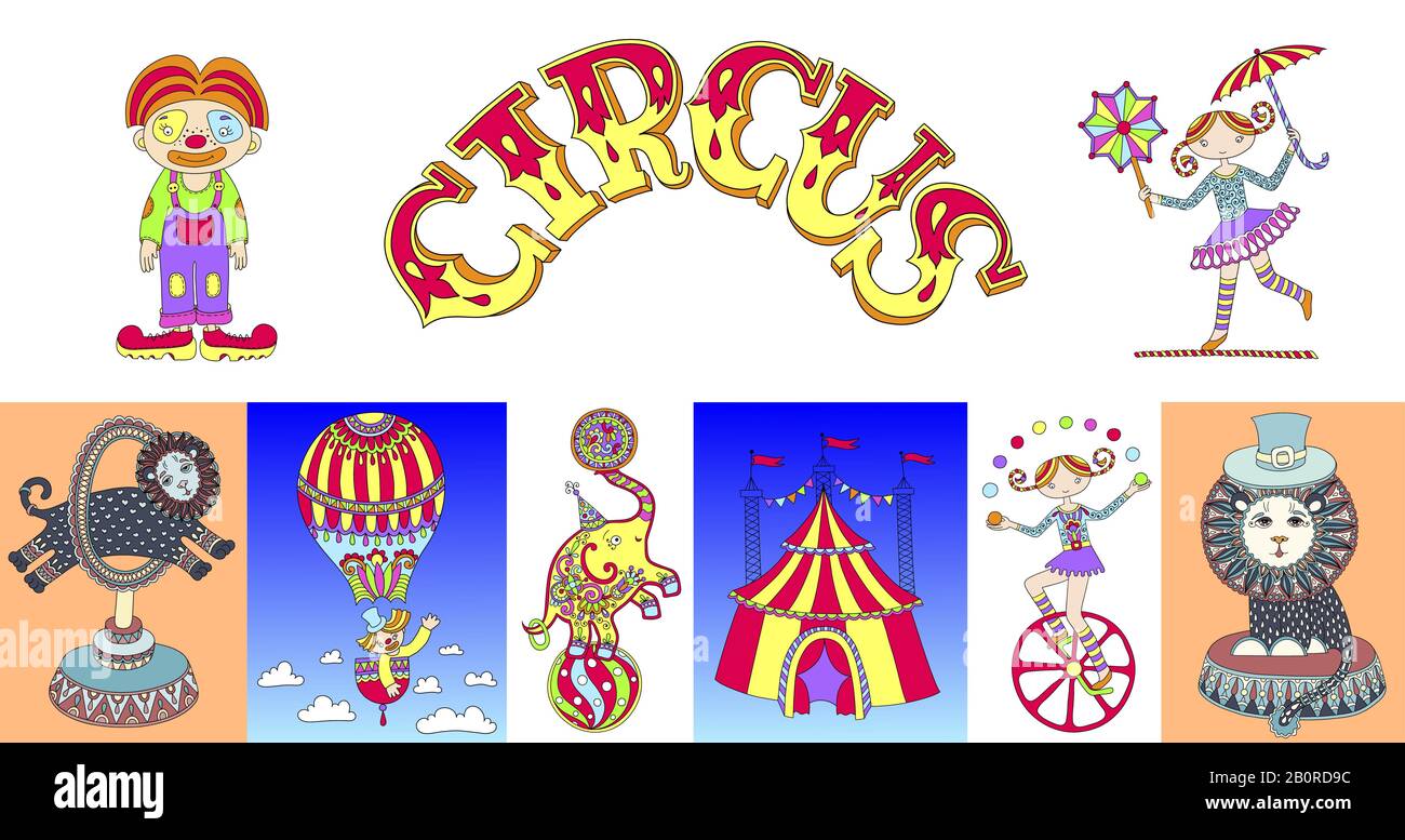 set of hand drawing carton circus show vector illustration Stock Vector ...