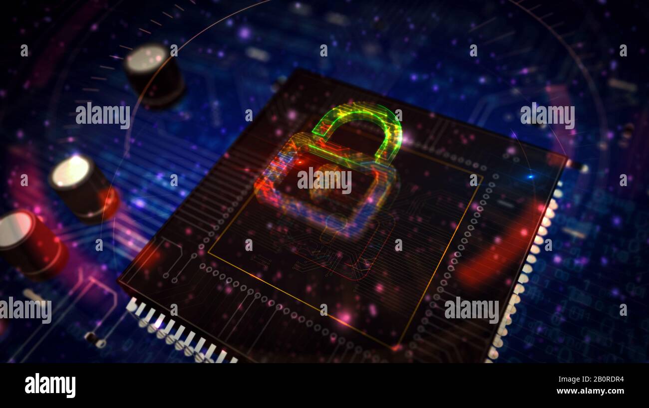 Cyber security with padlock symbol futuristic 3D rendering illustration. Concept of computer ...