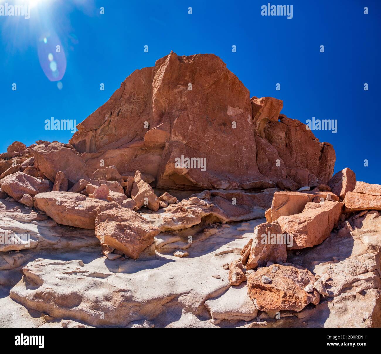 Huge stone with petroglyphs under the sun in Atacama, Chile Stock Photo ...