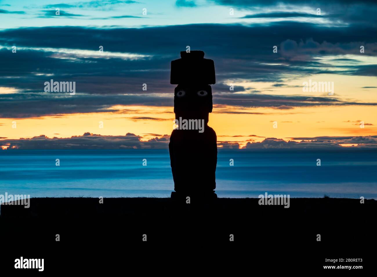 Sunset over Easter Island with Moai silhouette and silk water Stock ...