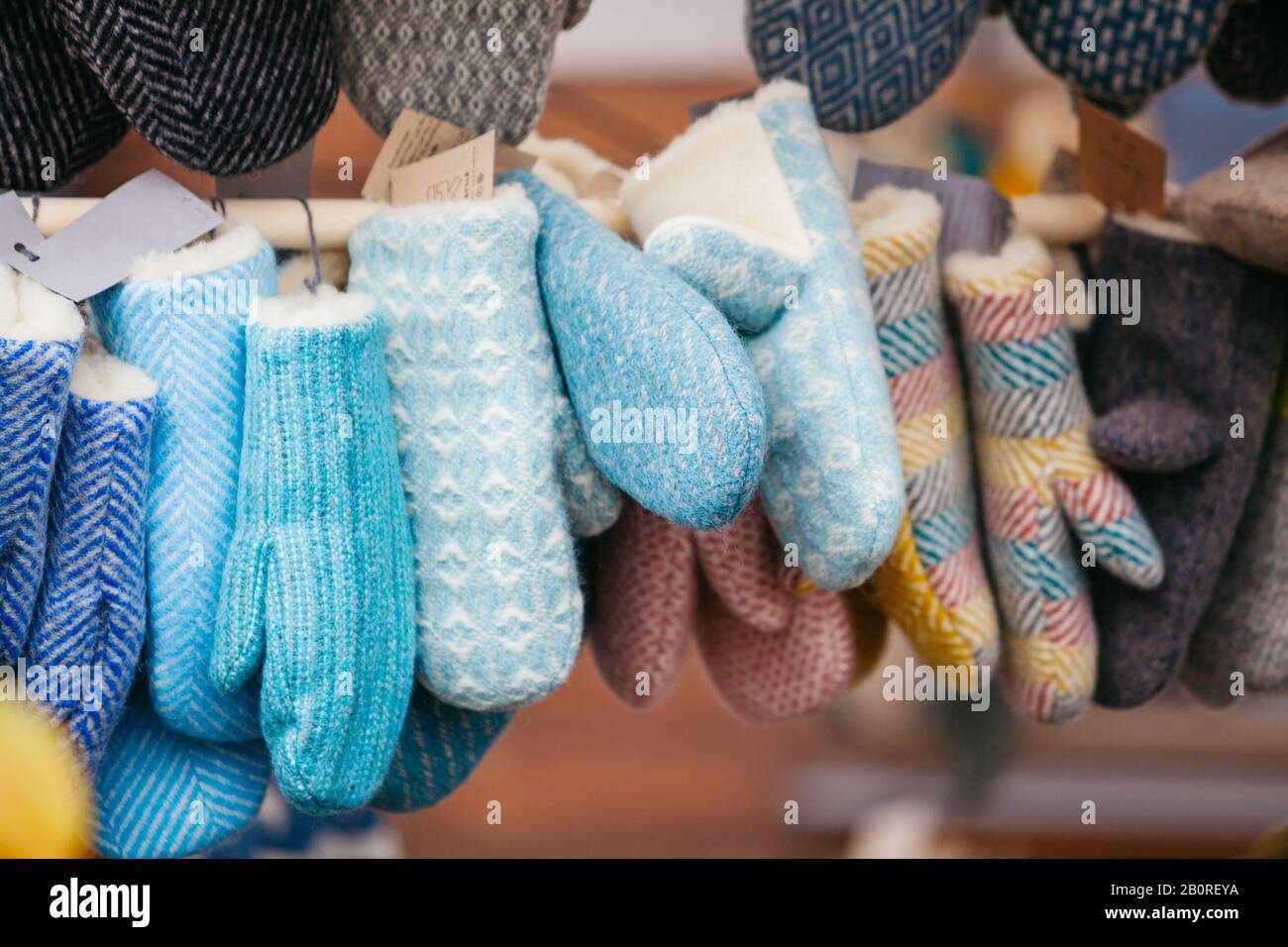 Colorful knitted traditional European warm clothes for cold winter days ...