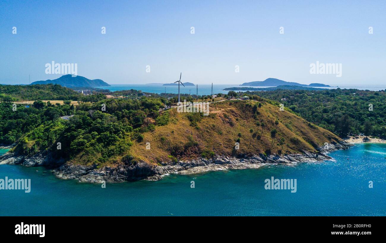 Aerial scenic view over beautiful Andaman sea and 3 bays at Karon ...