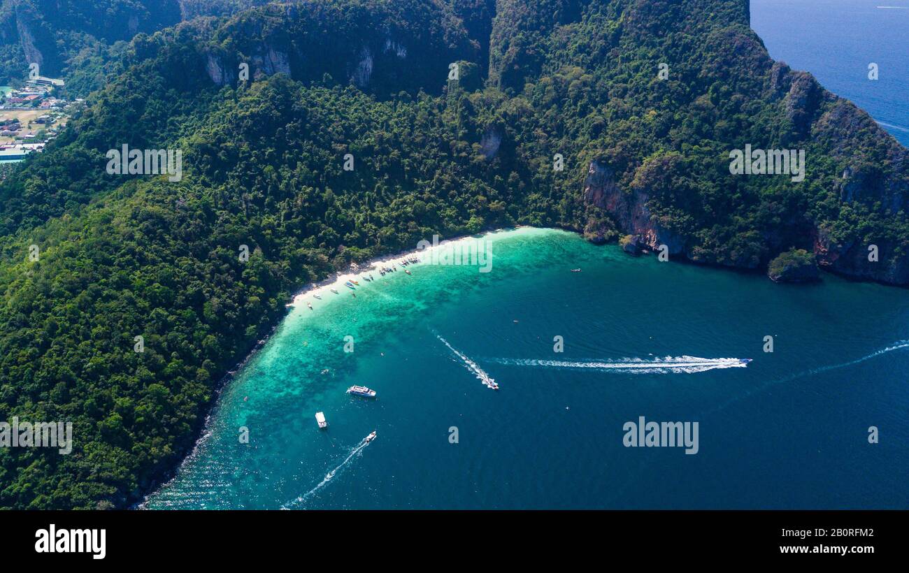 Aerial drone photo of Tonsai pier and iconic tropical beach and resorts ...