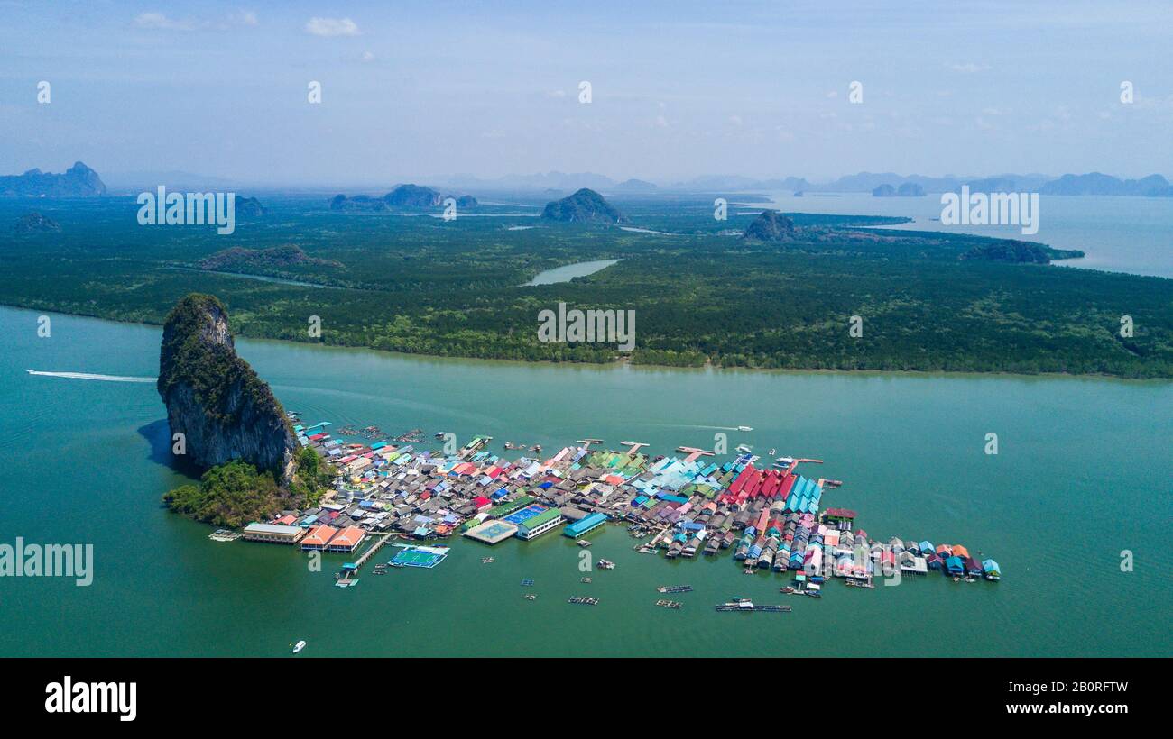 Aerial panorama view over Ko Panyi floating village in souther of ...