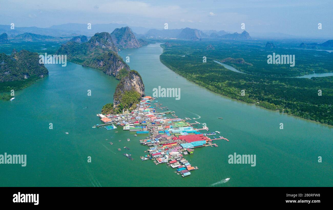 Aerial panorama view over Ko Panyi floating village in souther of ...