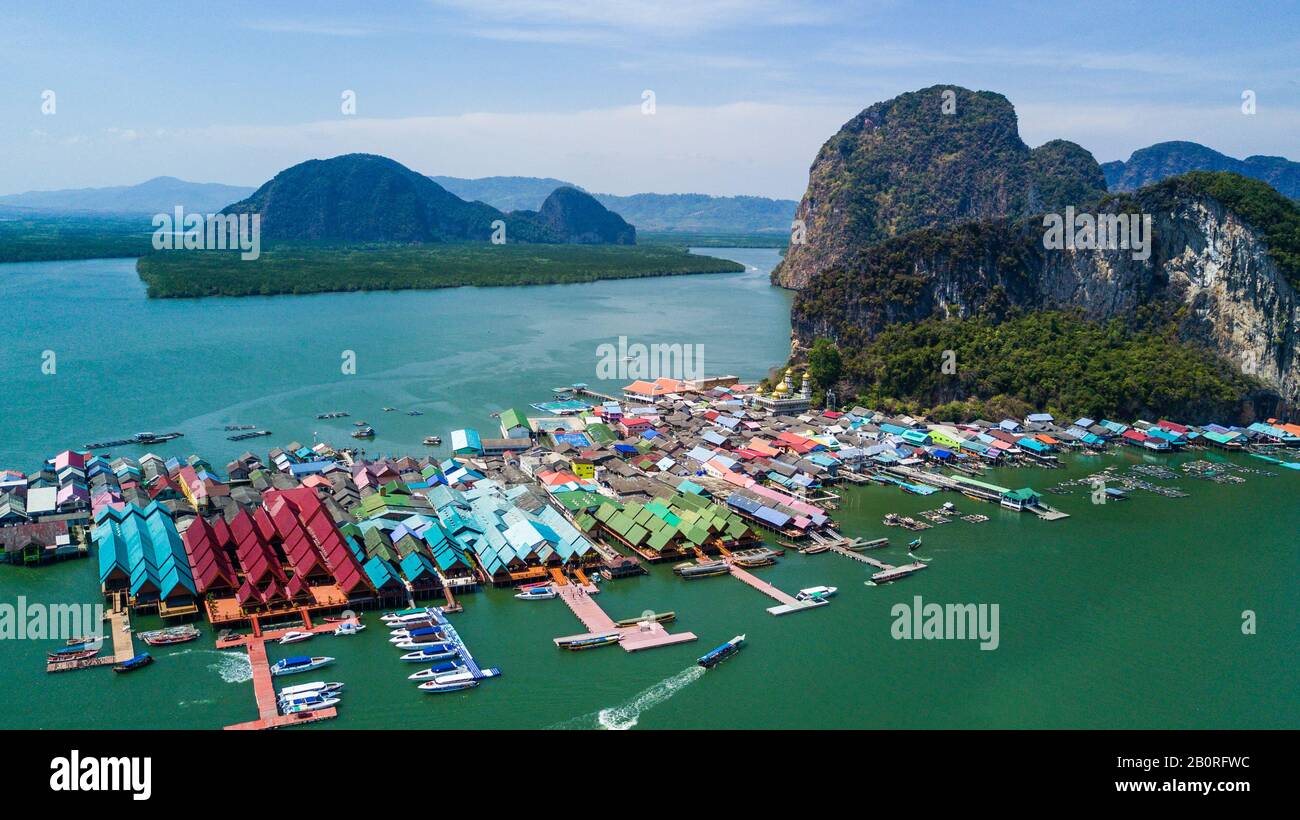 Aerial panorama view over Ko Panyi floating village in souther of ...