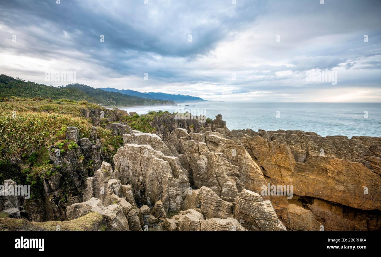 Coastal landscape of sandstone rocks, Pancake Rocks, Paparoa National ...
