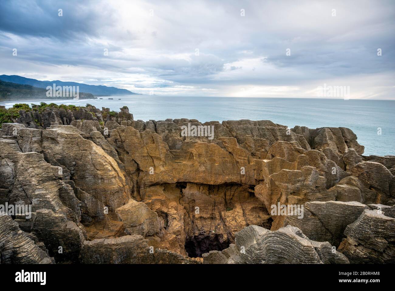 Coastal landscape of sandstone rocks, Pancake Rocks, Paparoa National ...