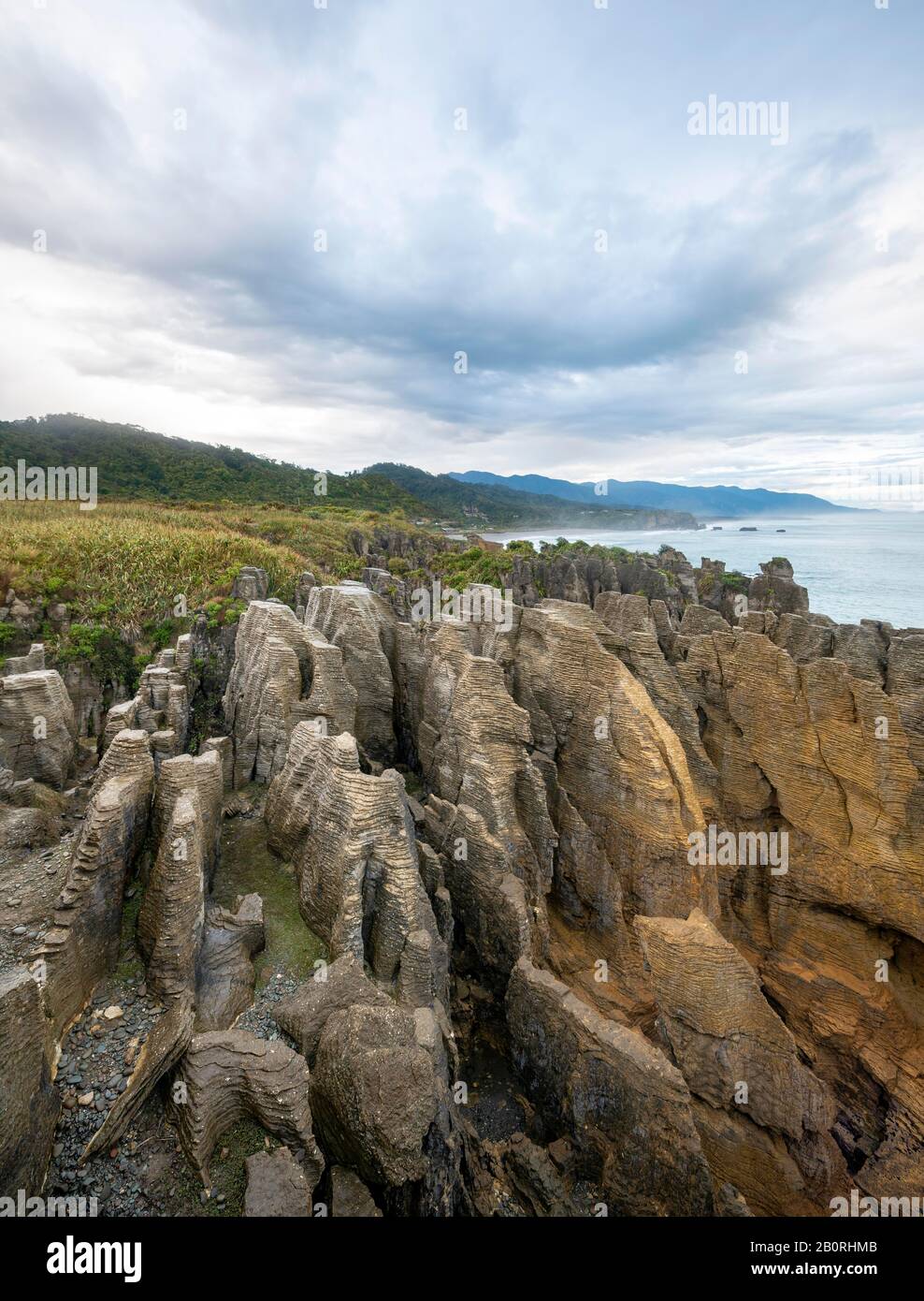 Coastal landscape of sandstone rocks, Pancake Rocks, Paparoa National ...