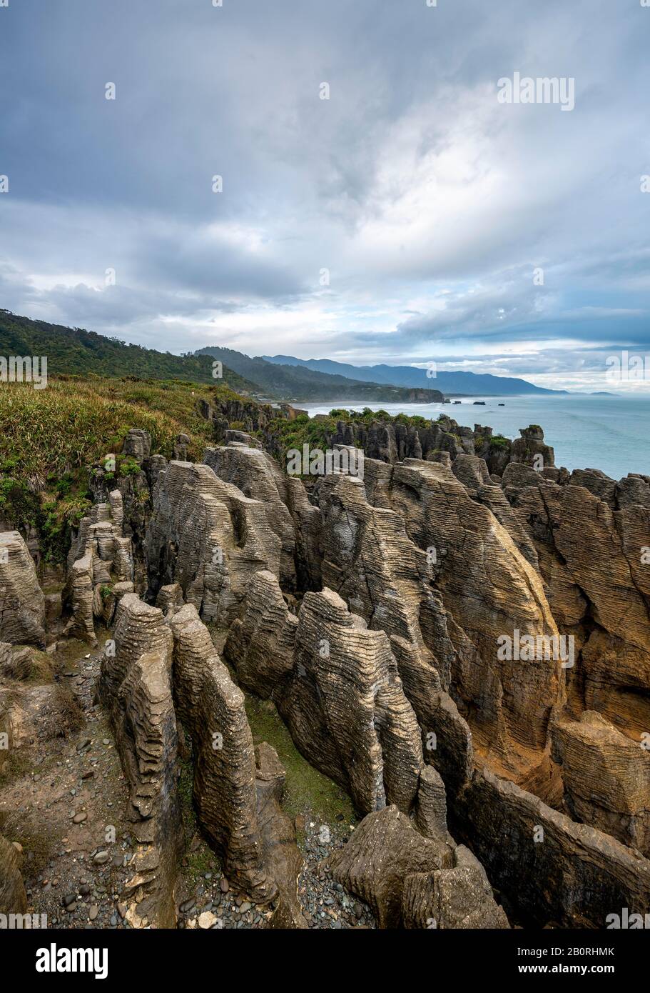 Coastal landscape of sandstone rocks, Pancake Rocks, Paparoa National ...