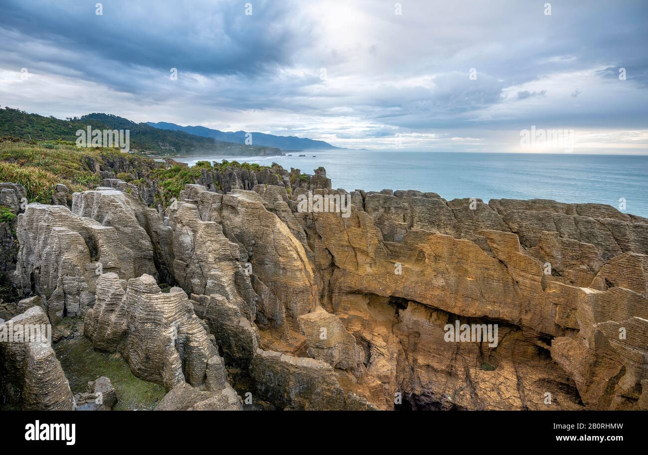 Coastal landscape of sandstone rocks, Pancake Rocks, Paparoa National ...