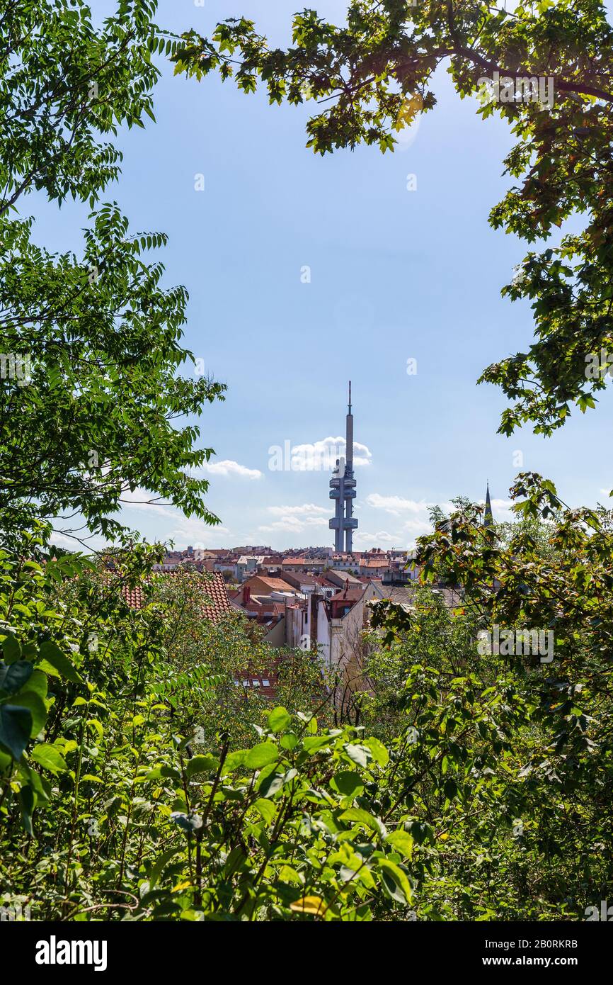 Portrait view of the Zizkov television tower from Vitkov park in Prague ...