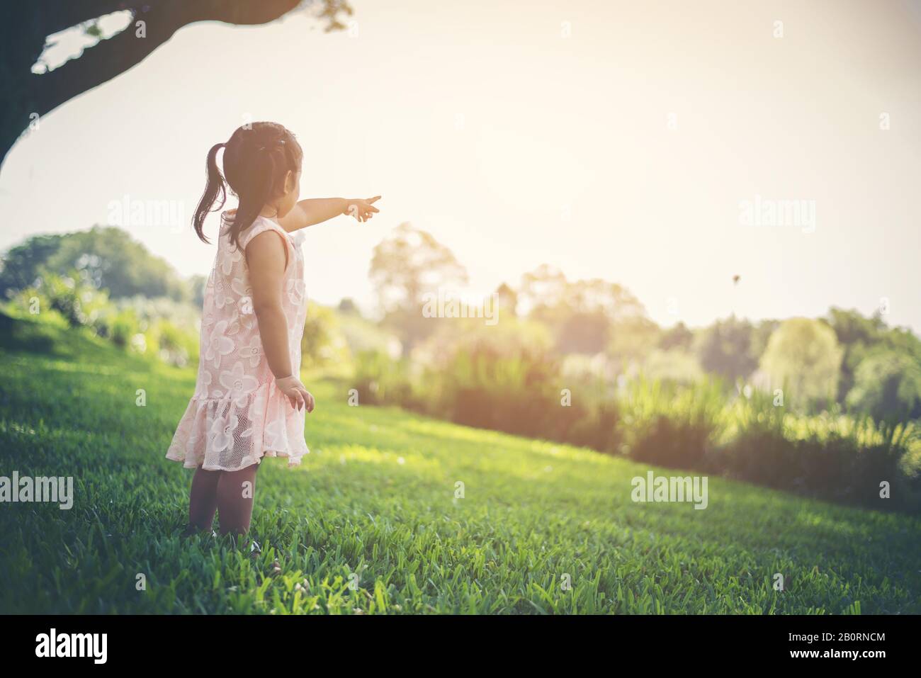 Little girl point with a finger to something in the park Stock Photo ...