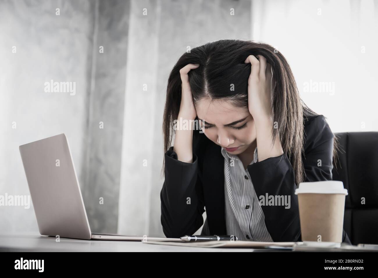 Women with stress hands on head while thinking with new project at ...
