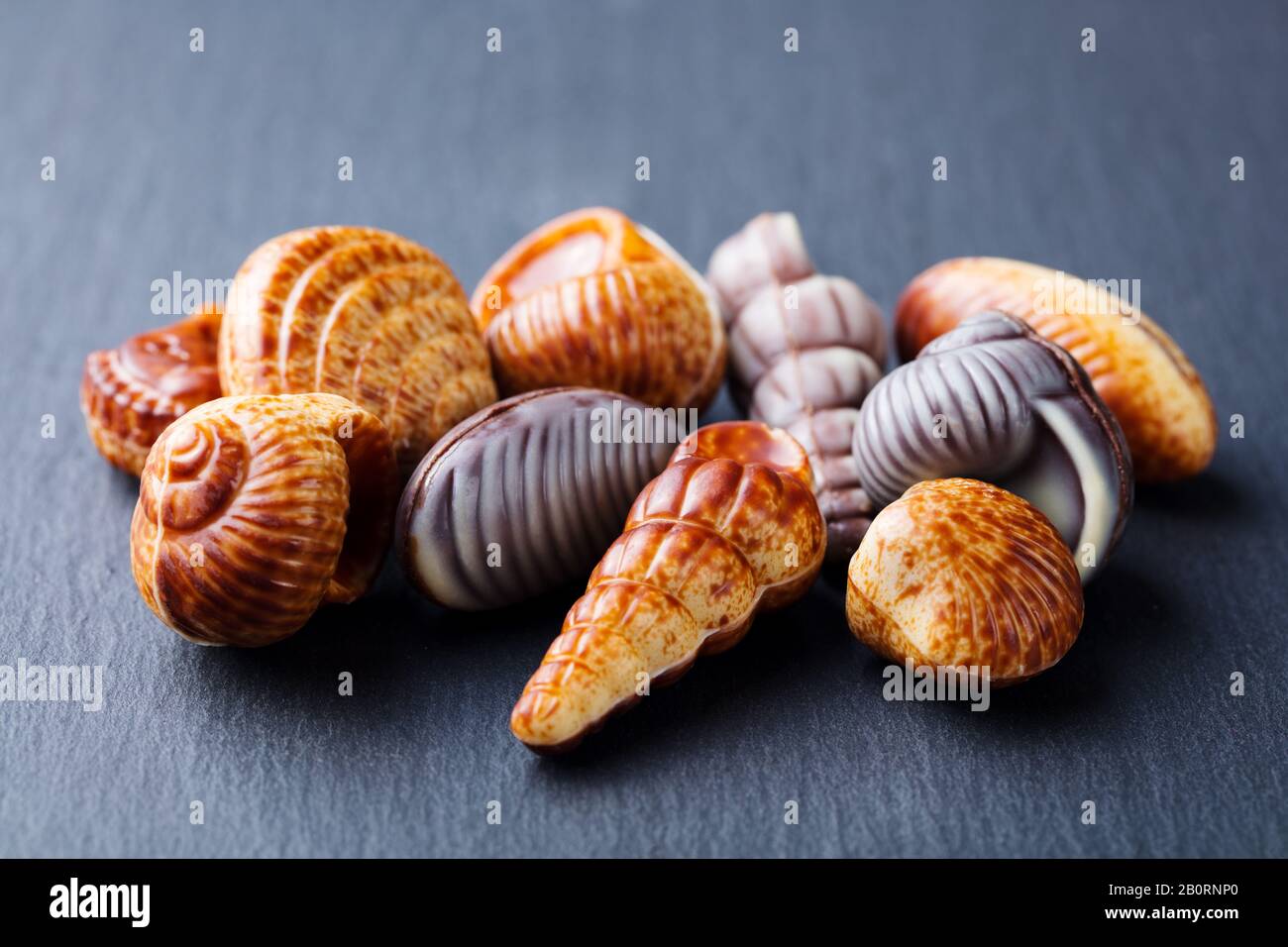 Chocolate candies, traditional Belgian shell shape. Grey slate ...