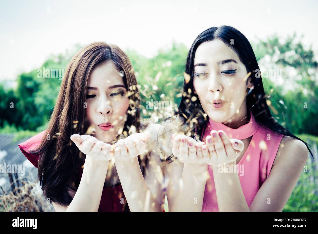 Beautiful female friends blowing color glitter in the wind Stock Photo ...