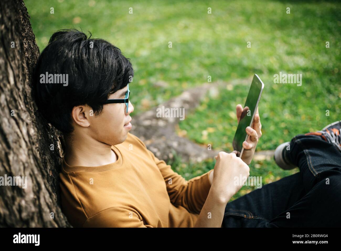 Using tablet under tree man hi-res stock photography and images - Alamy