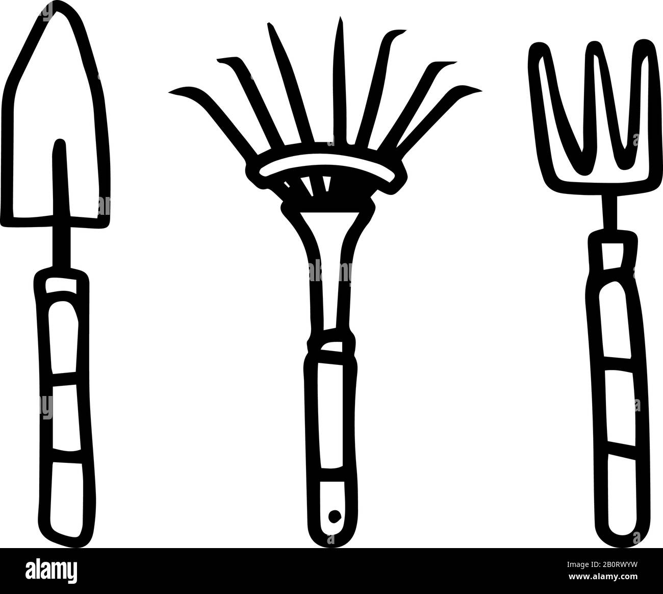 Set small tools for gardening shovel rake in hand drawn doodle style ...